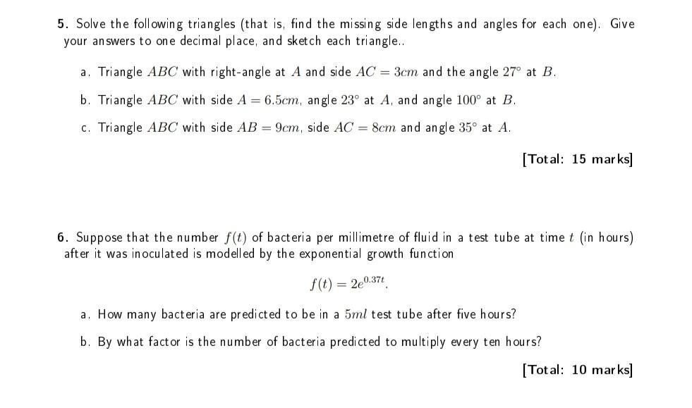 Solved 5. Solve the following triangles (that is, find the | Chegg.com