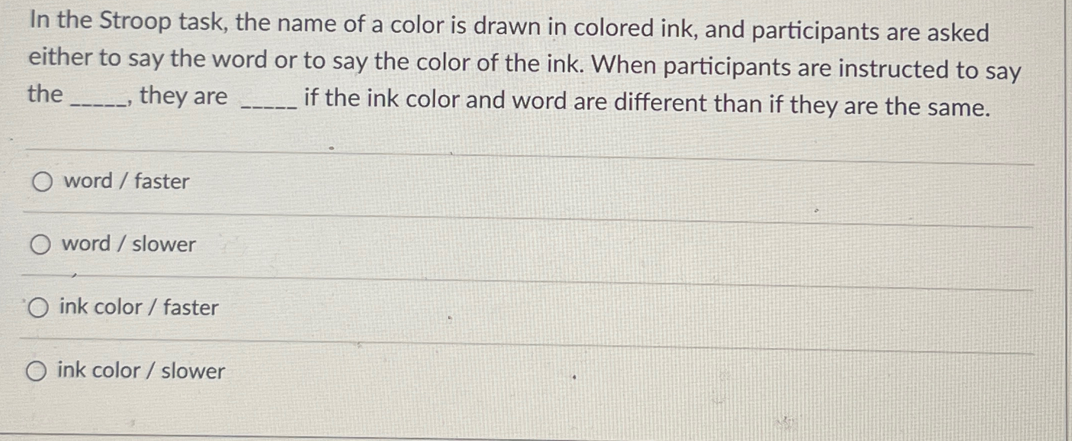 Solved In the Stroop task, the name of a color is drawn in | Chegg.com