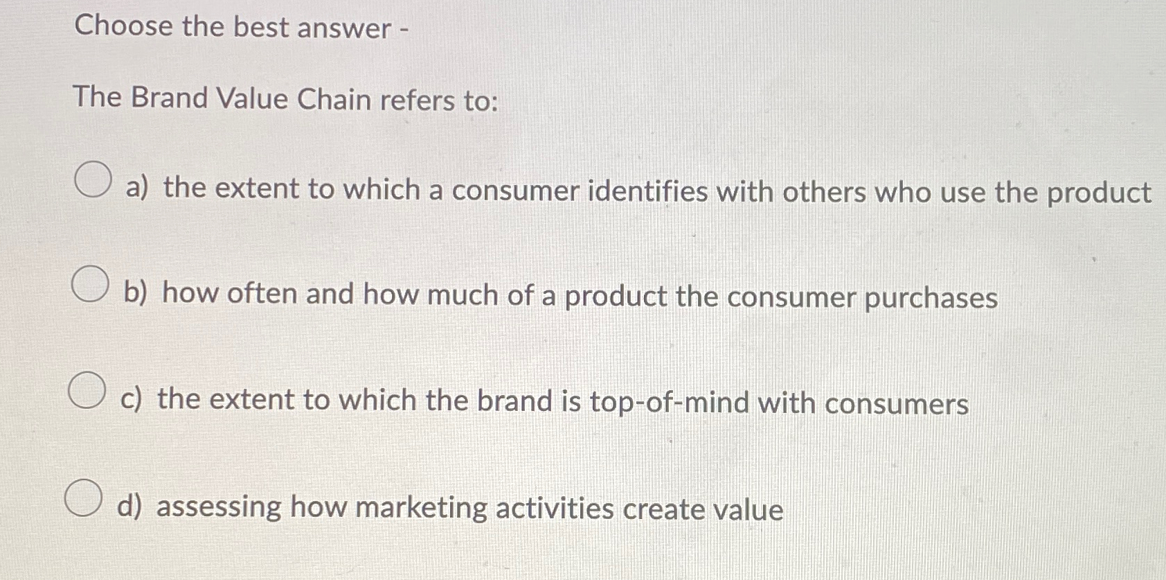 Solved Choose the best answer -The Brand Value Chain refers | Chegg.com
