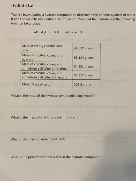 Solved Hydrate Lab You are investigating a hydrate compound | Chegg.com