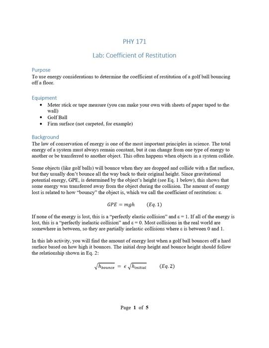 Solved PHY 171 Lab: Coefficient of Restitution Purpose To | Chegg.com