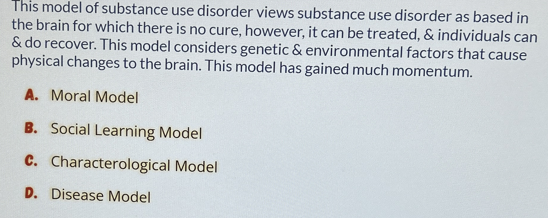 Solved This model of substance use disorder views substance | Chegg.com