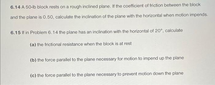Solved 6.14 A 50−1 b block rests on a rough inclined plane. | Chegg.com