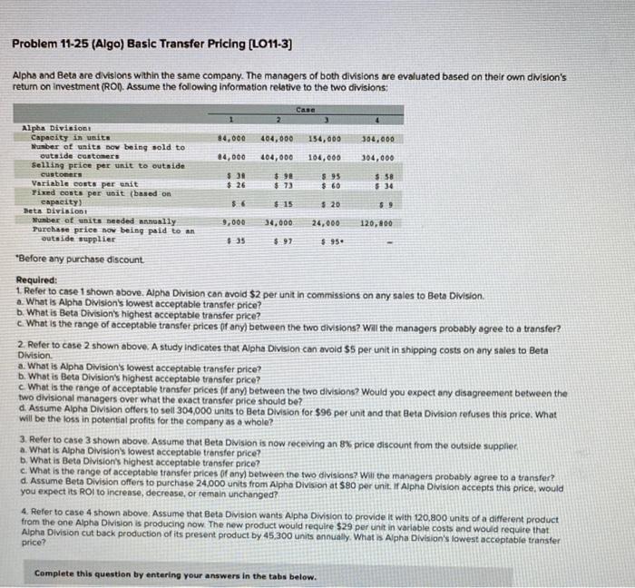 Solved Problem 11-25 (Algo) Basic Transfer Pricing (LO11-3) | Chegg.com