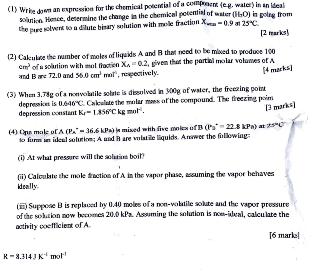 Solved (1) ﻿Write down an expression for the chemical | Chegg.com