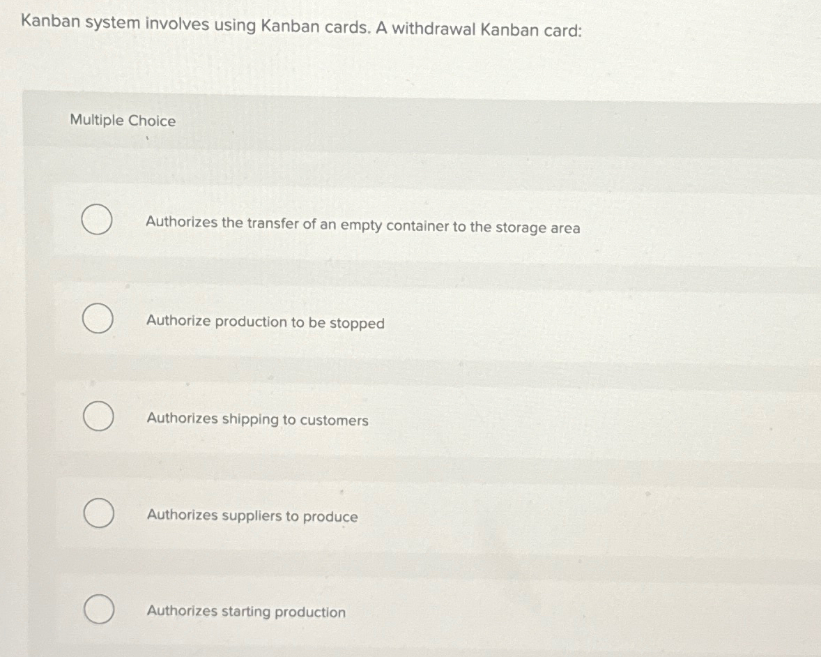 Solved Kanban system involves using Kanban cards. A | Chegg.com