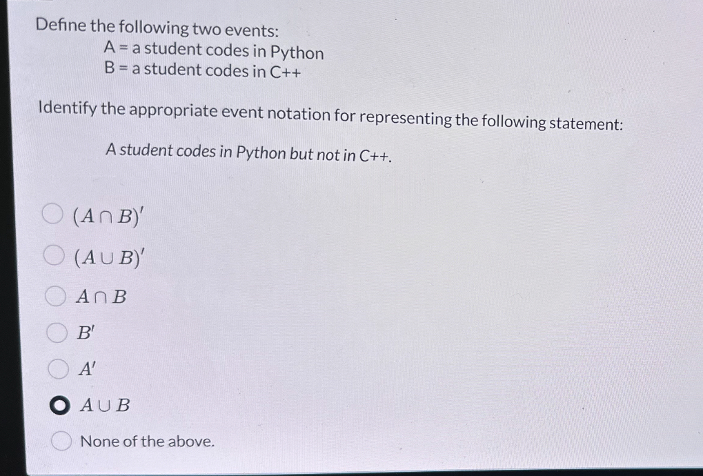 Solved Define the following two events:A=a student codes in | Chegg.com