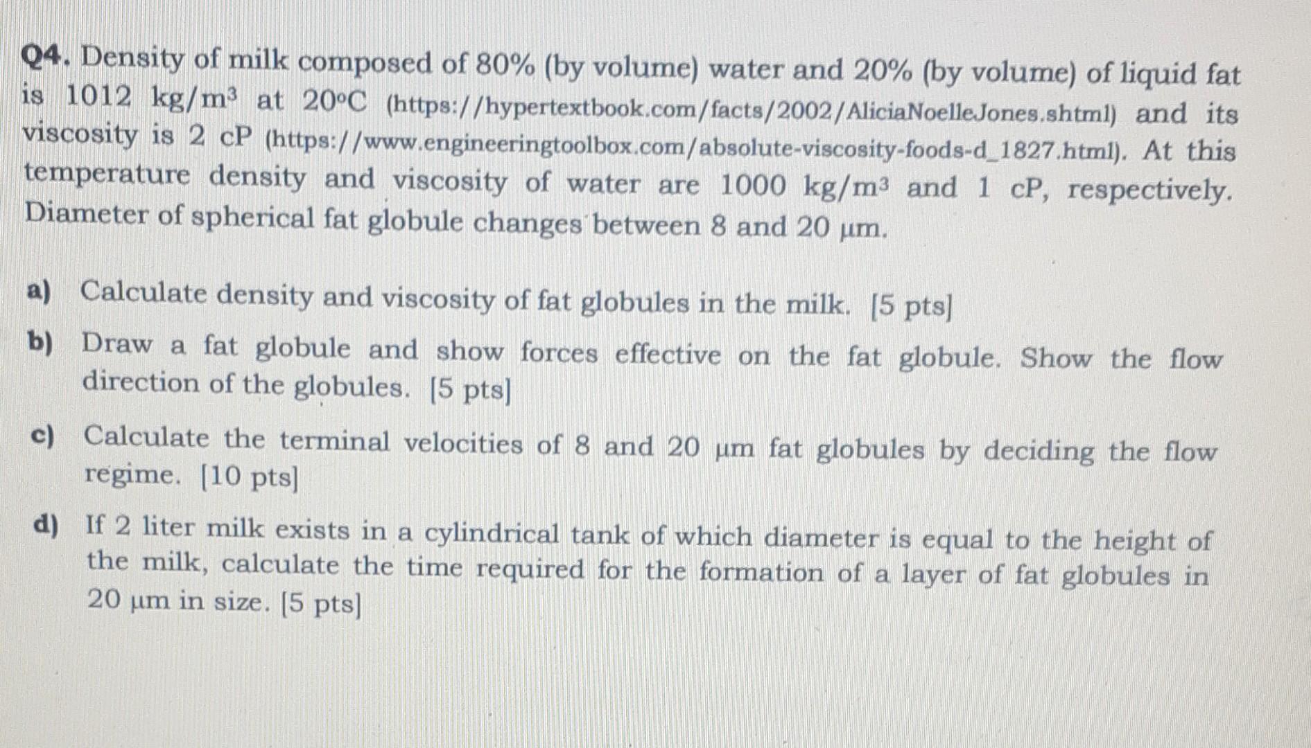 Solved Q4. Density of milk composed of 80% (by volume) water | Chegg.com