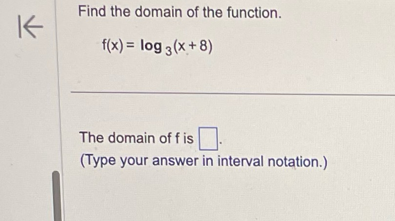 Solved Find the domain of the function.f(x)=log3(x+8)The | Chegg.com