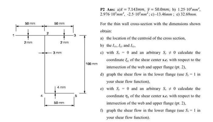Solved P2 Ans: a) xˉ=7.143 mm,yˉ=50.0 mm; b) 1.25⋅106 mm4, | Chegg.com