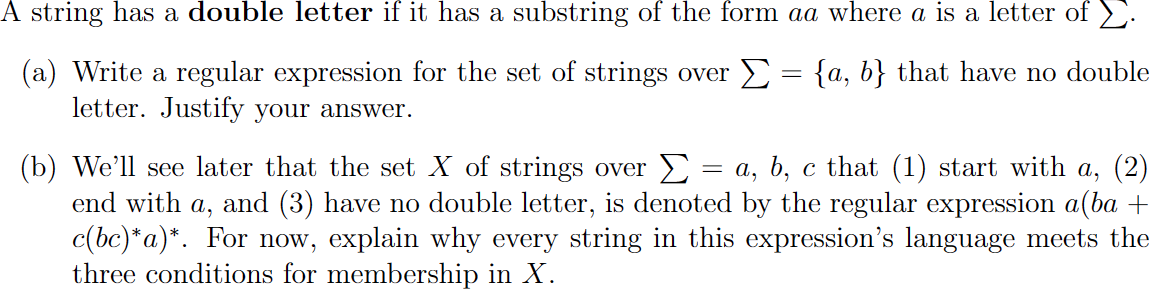Solved A string has a double letter if it has a substring of | Chegg.com