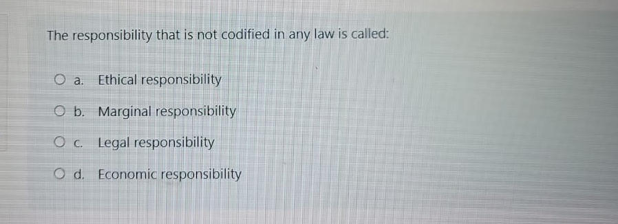 Solved The responsibility that is not codified in any law is | Chegg.com