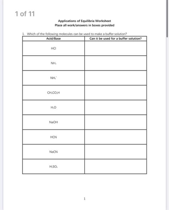 Solved 1 of 11 Applications of Equilibria Worksheet Place | Chegg.com