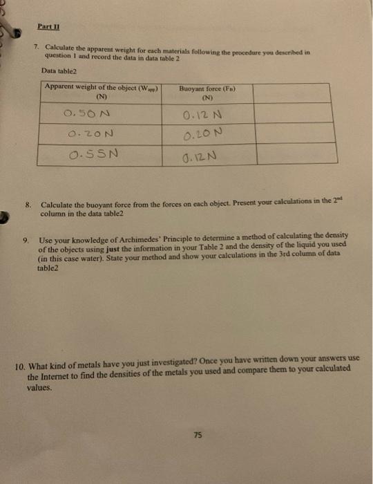 Solved Part 11 7. Calculate the apparent weight for each | Chegg.com