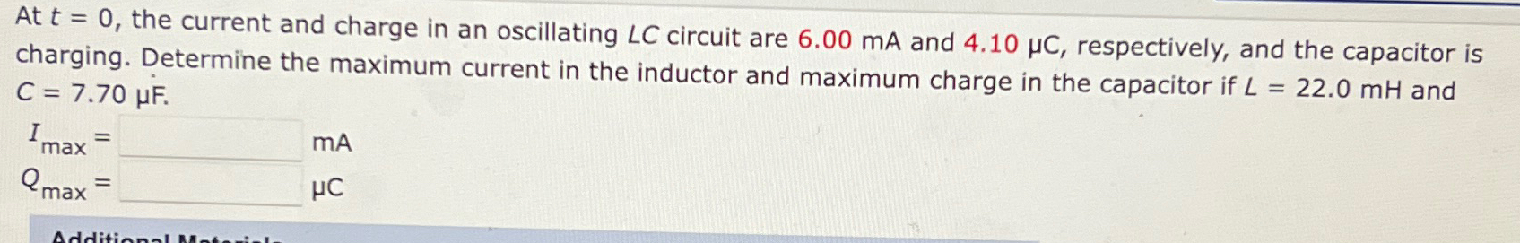 Solved At t=0, ﻿the current and charge in an oscillating LC | Chegg.com