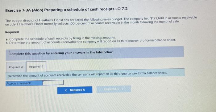 Solved Exercise 7.3A (Algo) Preparing a schedule of cash | Chegg.com