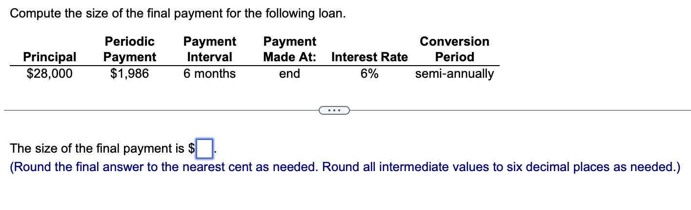 Solved Compute the size of the final payment for the | Chegg.com