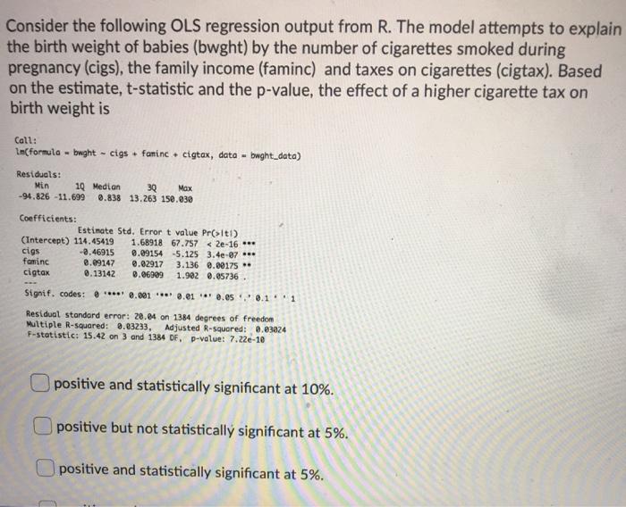 Solved Consider the following OLS regression output from R. | Chegg.com