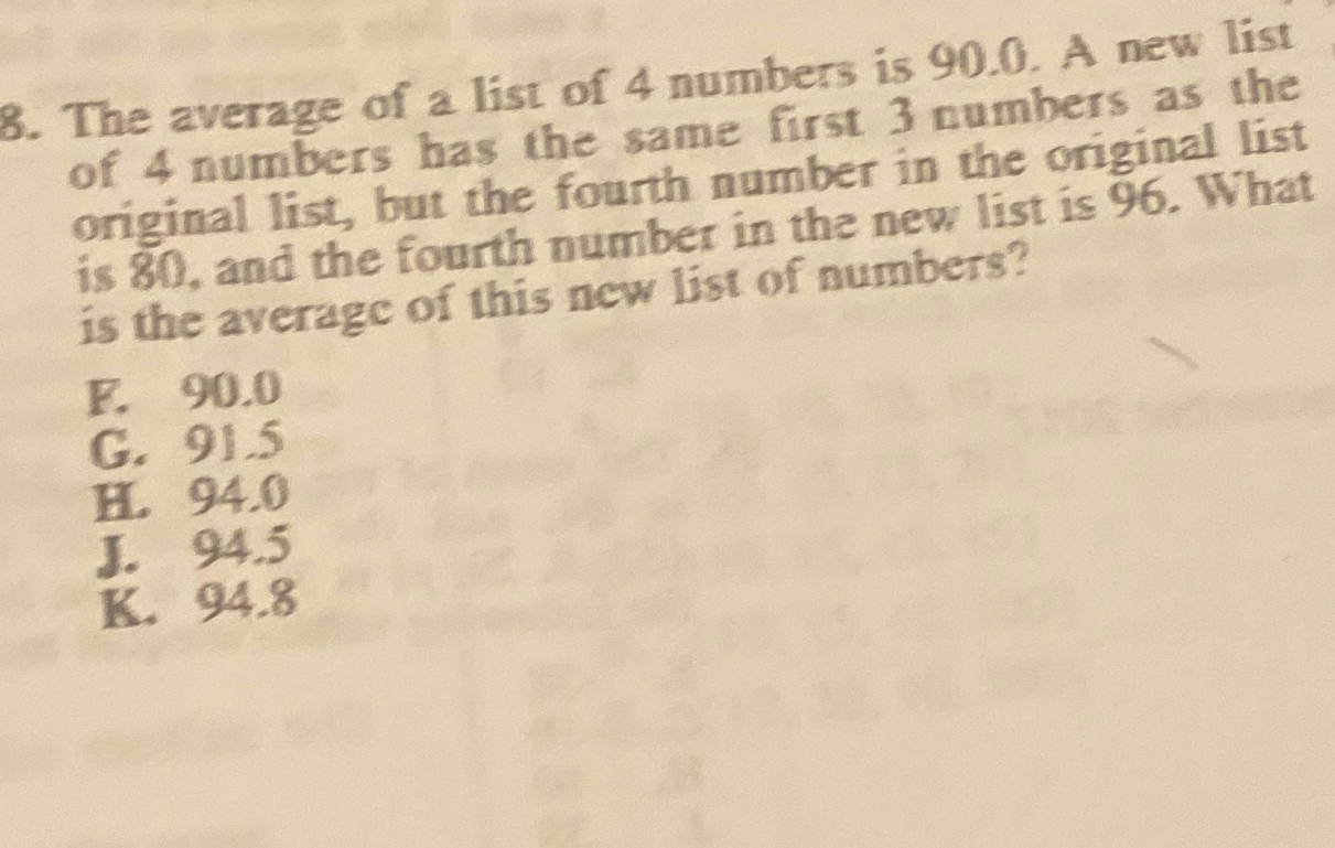 Solved The average of a list of 4 ﻿numbers is 90.0 . ﻿A new | Chegg.com