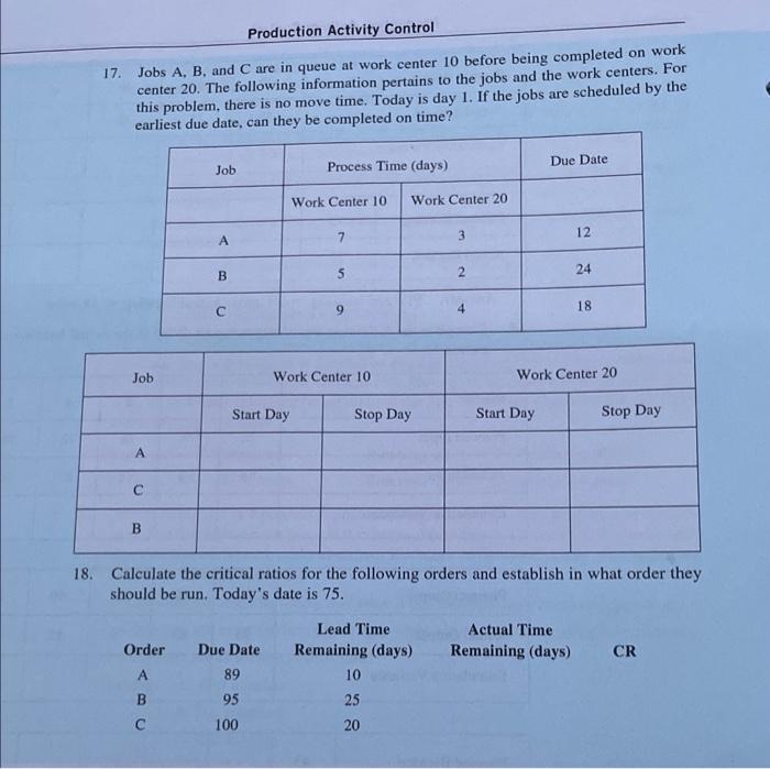 Solved 17. Jobs A, B, and C are in queue at work center 10 | Chegg.com