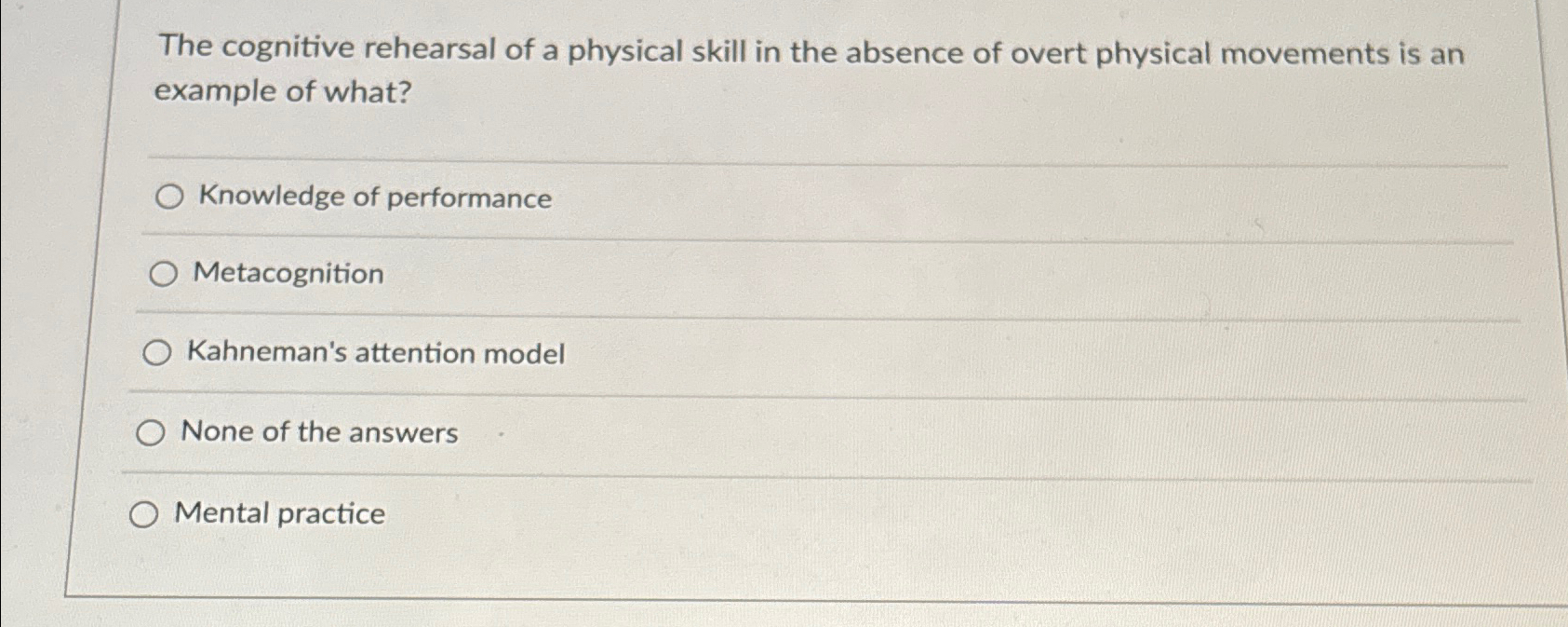 Solved The cognitive rehearsal of a physical skill in the | Chegg.com