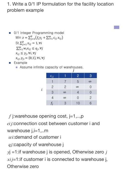 1. Write a 0/1 IP formulation for the facility | Chegg.com