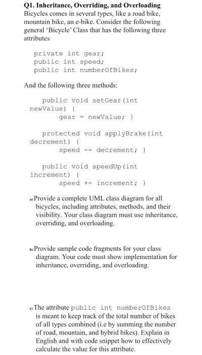 Solved Q1. Inheritance, Overriding, and Overloading Bicycles | Chegg.com
