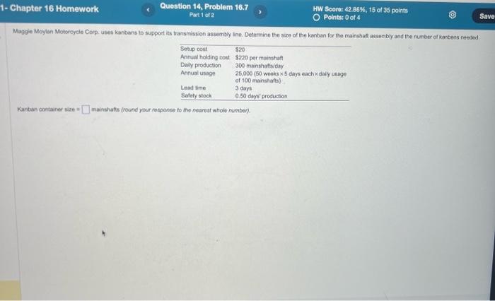 Solved Kanban container size * . mainshafts (round your | Chegg.com