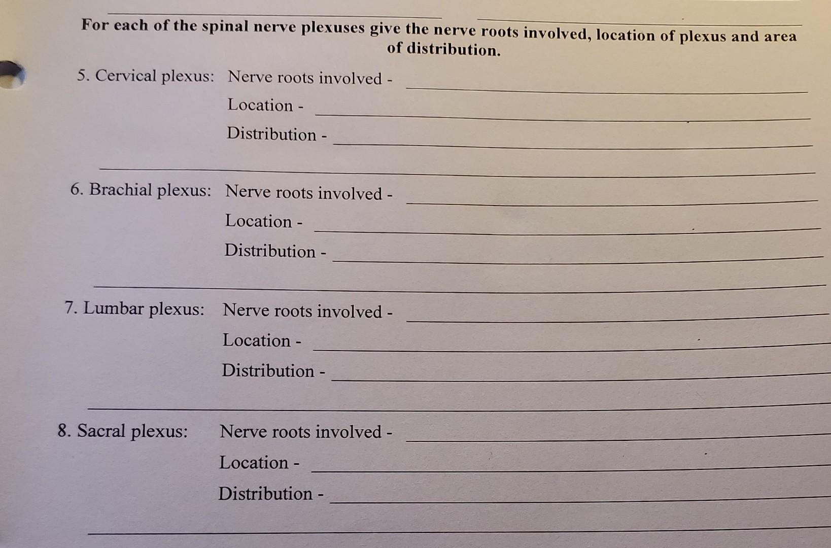 Solved For each of the spinal nerve plexuses give the nerve | Chegg.com