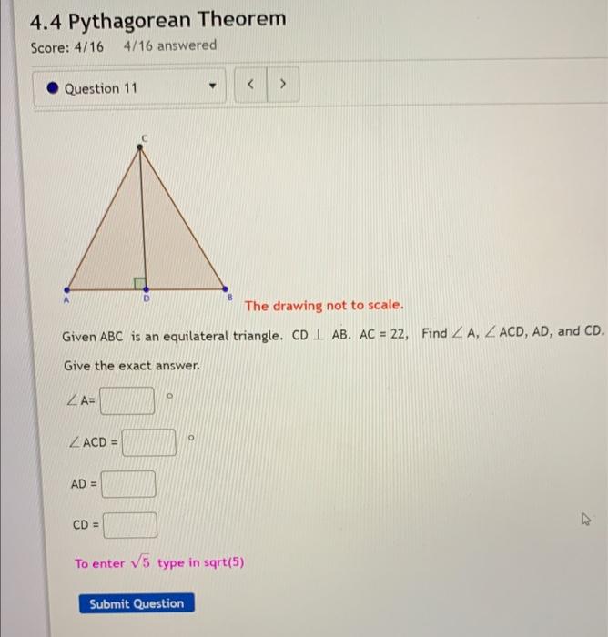 Solved 4.4 Pythagorean Theorem Score: 4/16 4/16 answered he | Chegg.com