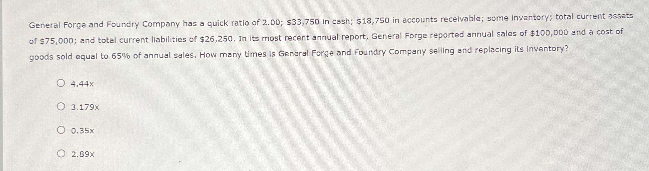 Solved General Forge and Foundry Company has a quick ratio | Chegg.com