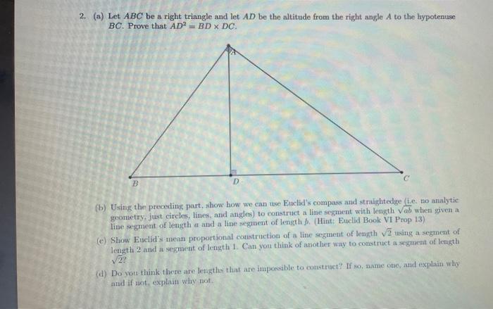 Solved 2. (a) Let ABC be a right triangle and let AD be the | Chegg.com