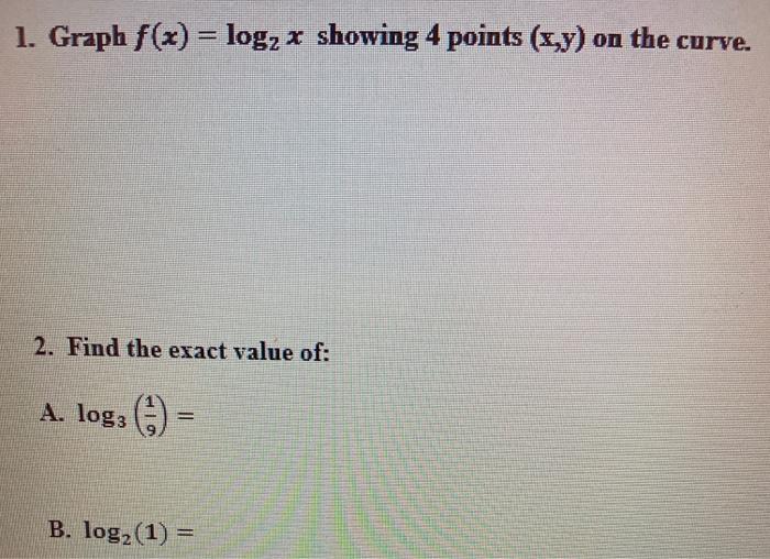 Solved 1. Graph f(x) = log2 x showing 4 points (x,y) on the | Chegg.com