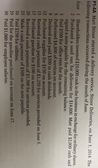 Solved P1-4A Matt Stiner started a delivery service, Stiner | Chegg.com