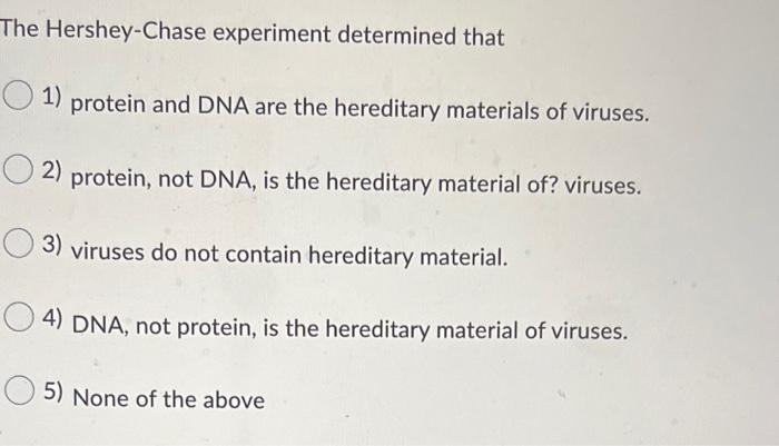 Solved The Hershey-Chase experiment determined that 1) | Chegg.com