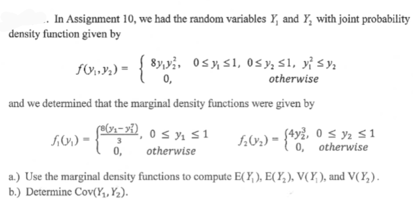 Solved In Assignment 10, we had the random variables Y1 and | Chegg.com