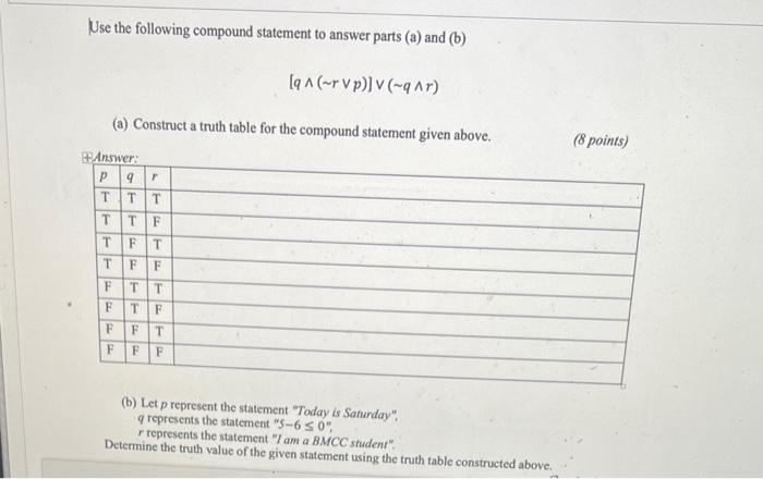 Use the following compound statement to answer parts | Chegg.com