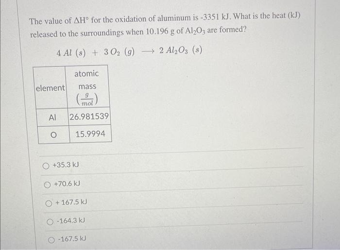 Solved The value of AH° for the oxidation of aluminum is | Chegg.com