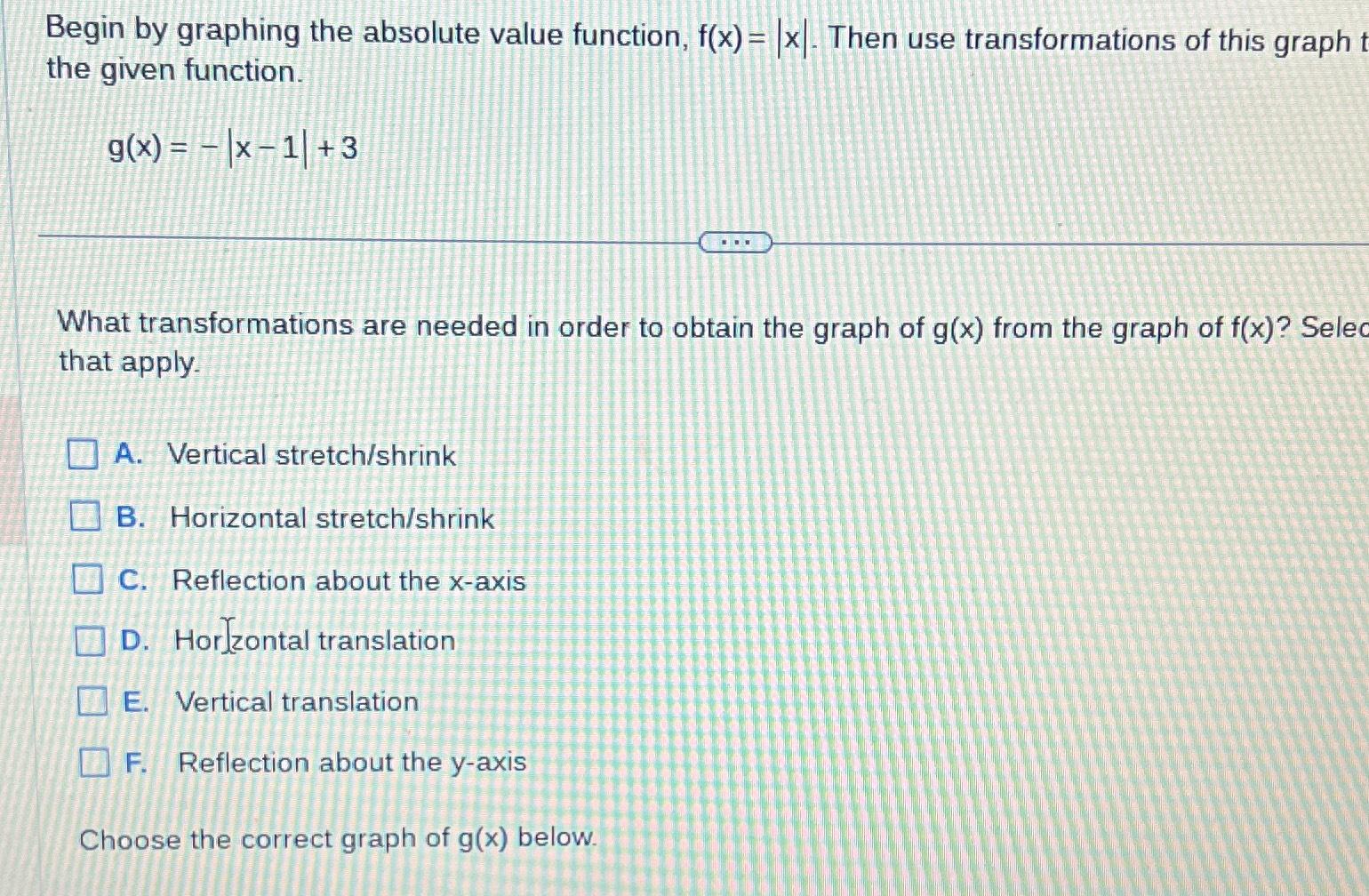 Solved Begin by graphing the absolute value function, | Chegg.com