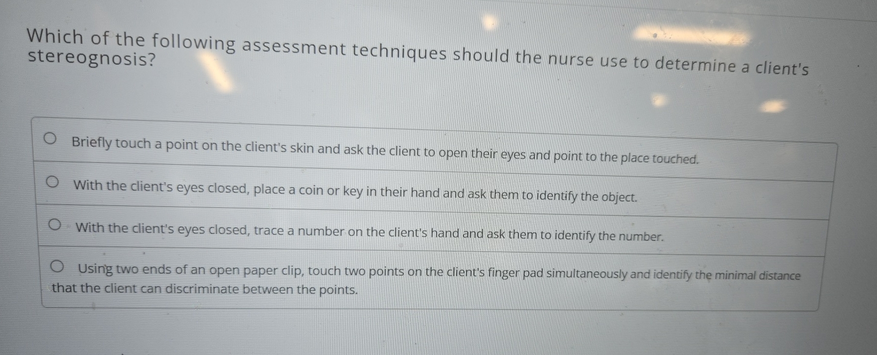 Solved Which of the following assessment techniques should | Chegg.com
