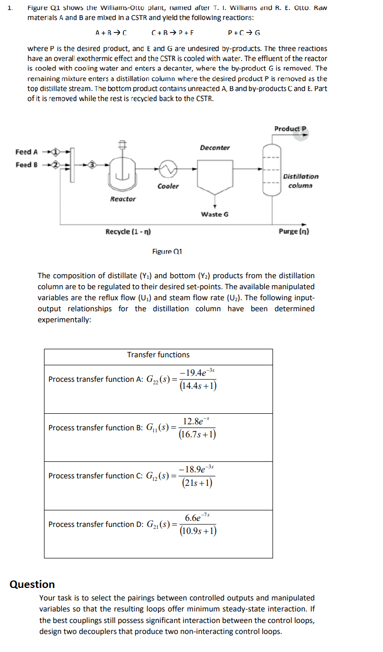 Solved Figure Q1 ﻿shows the Williams-Otto plant, named after | Chegg.com