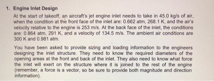 Solved 1. Engine Inlet Design At the start of takeoff, an | Chegg.com