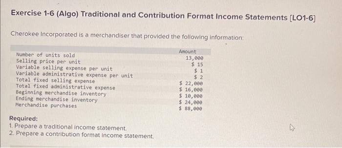 Solved Exercise 1-6 (Algo) Traditional and Contribution | Chegg.com