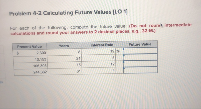 Solved Problem 4-2 Calculating Future Values (LO 1] For each | Chegg.com