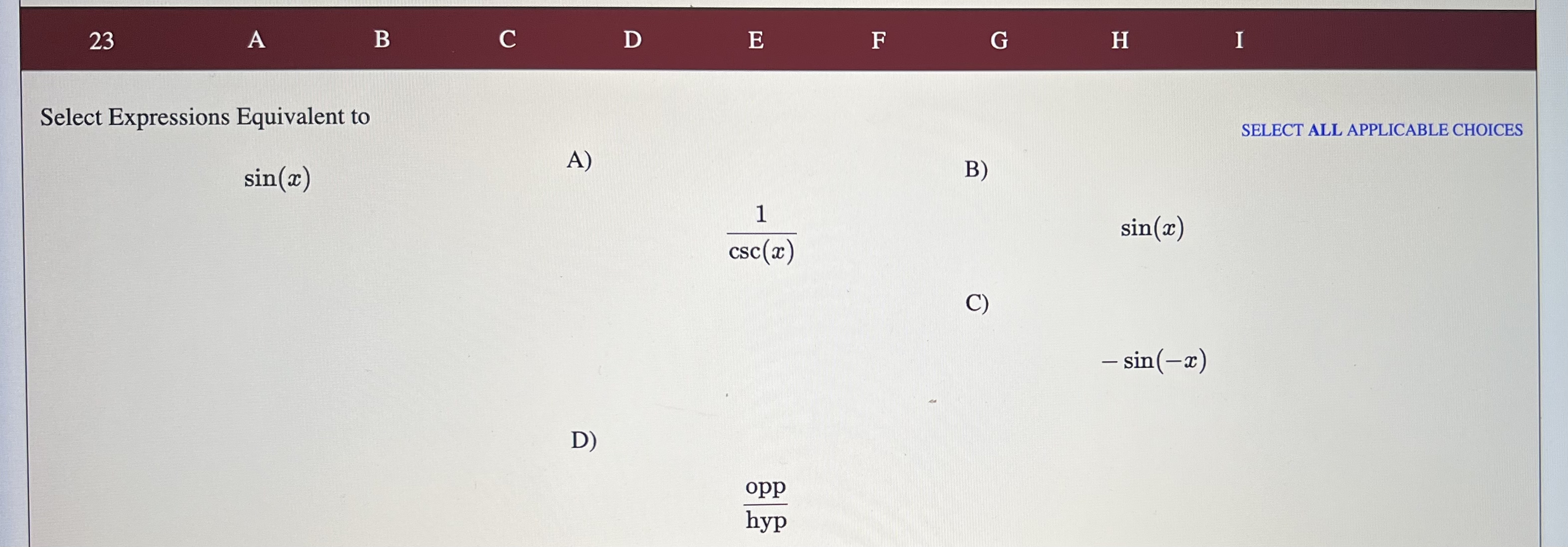 Solved 23ABCDEGHISelect Expressions Equivalent toSELECT ALL | Chegg.com