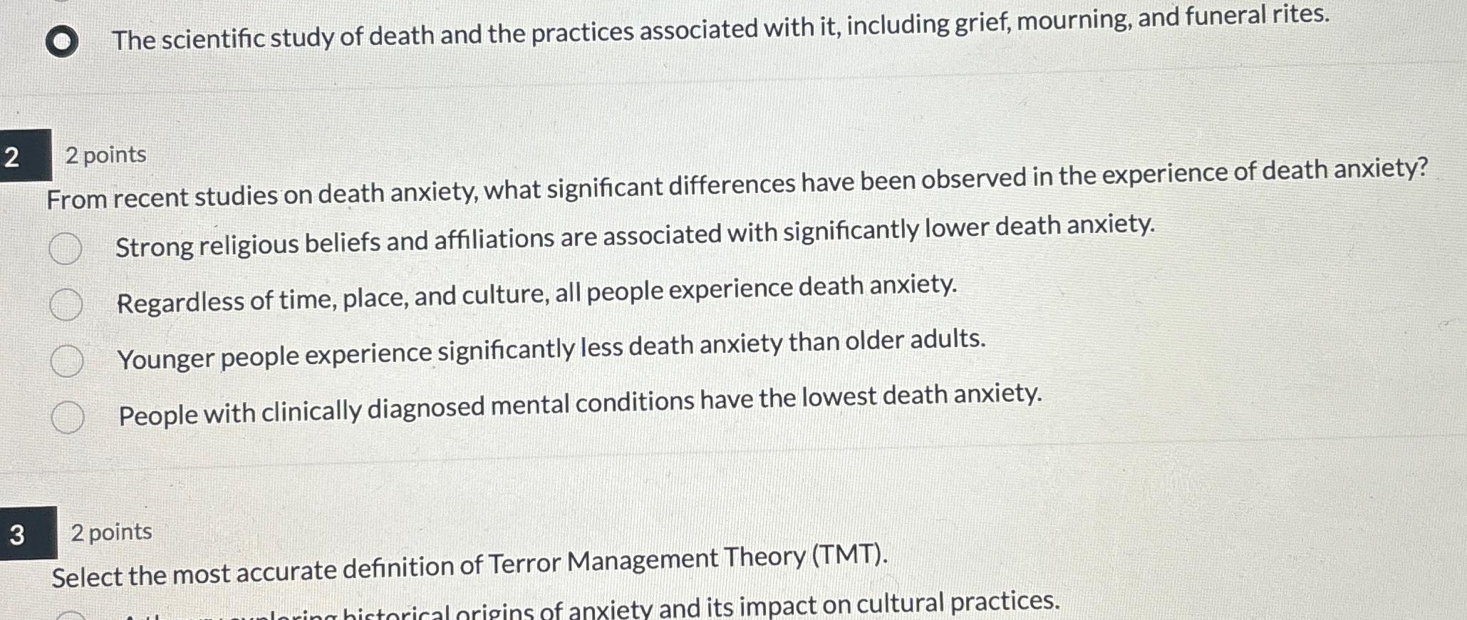 Solved The scientific study of death and the practices | Chegg.com