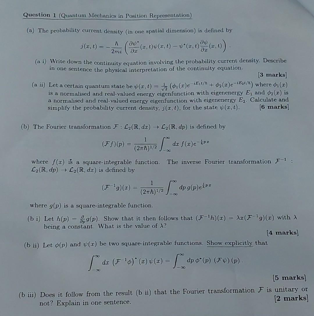 Solved (a) The probability current density (in one spatial | Chegg.com