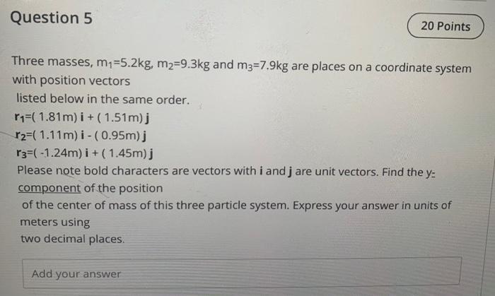 Solved Three masses, m1=5.2 kg,m2=9.3 kg and m3=7.9 kg are | Chegg.com