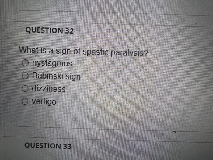 Solved QUESTION 32 What is a sign of spastic paralysis? O | Chegg.com