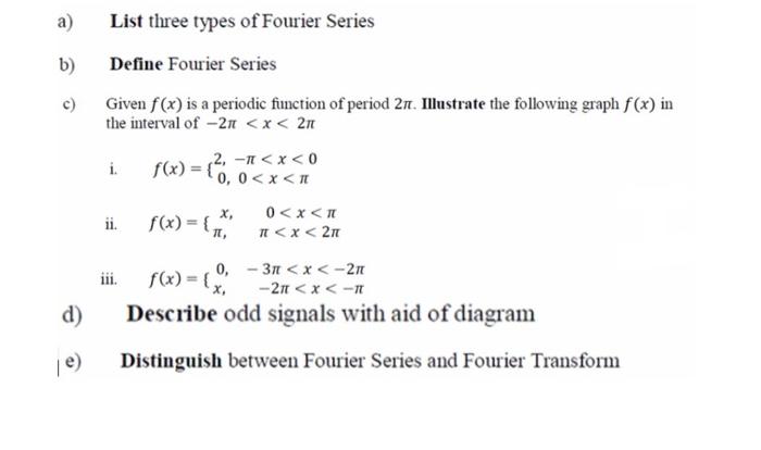 Solved a) b) List three types of Fourier Series Define | Chegg.com